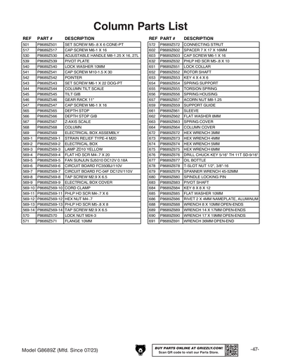 Parts for G8689Z 4" x 16" Mini Milling Machine - Grizzly Industrial, Inc.