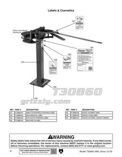 Parts for Manual Tube Bender Grizzly Industrial